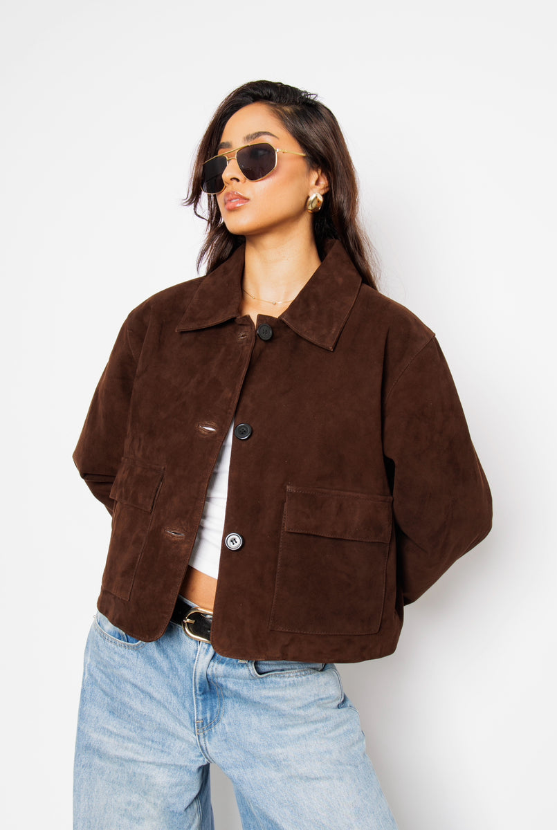 Alba Coffee Brown Suede Cropped Jacket – In My Element