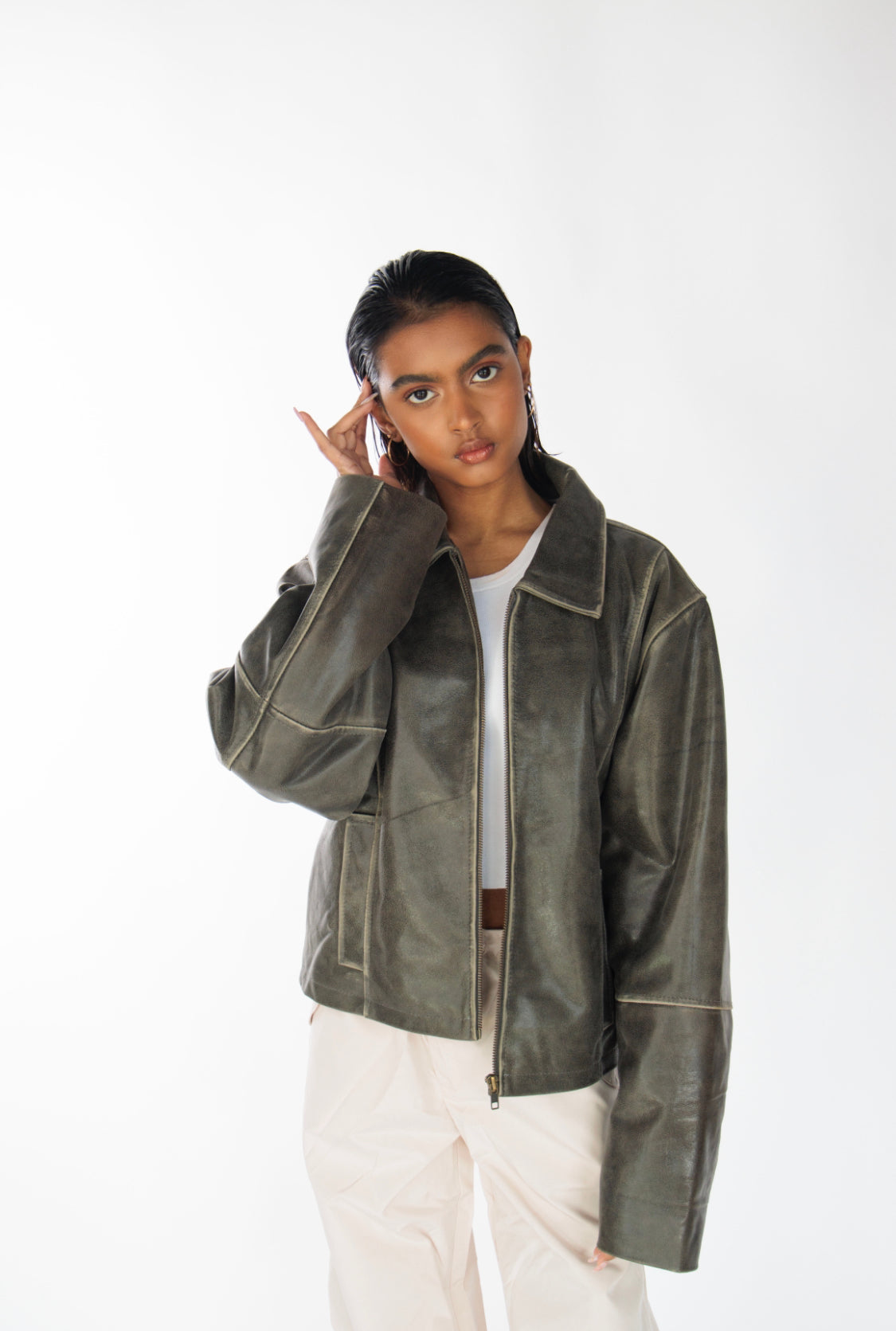 Mabel Distressed Boxy Leather Jacket – In My Element