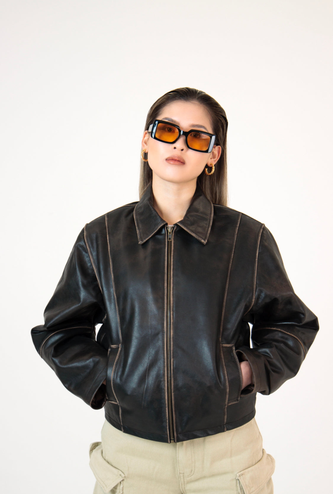 Mabel Distressed Boxy Leather Jacket – In My Element